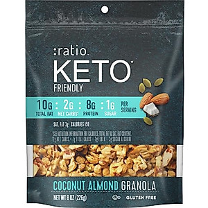 Ratio Coconut Almond Granola Cereal, 1g Sugar, Keto Friendly, 8 OZ Resealable Cereal Bag