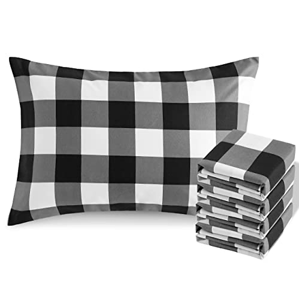 NTBAY Queen Buffalo Pillowcases Set of 4, 1800 Thread Brushed Microfiber Black and White Buffalo Pillow Cases, Super Soft and Cozy Envelope Closure 20x30 Pillowcases, 20x30 Inches