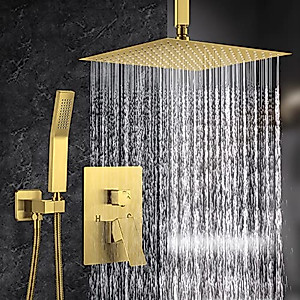 NERDON Shower System, 12 Inch Brushed Gold High Pressure Shower Head with Rain Handheld Combo Set, Ceiling Mounted Dual Shower Head System, Bathroom Shower Faucet Set Rough-in Valve Body and Trim
