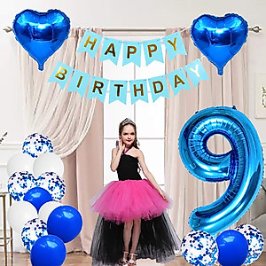 Huture 9 Birthday Party Supplies Blue Number 9 Foil Balloon Happy Birthday Banner Kit 9th Birthday Decoration White Blue Latex Confetti Balloon Foil Star Balloon Great Gift for Girls Boys Birthday