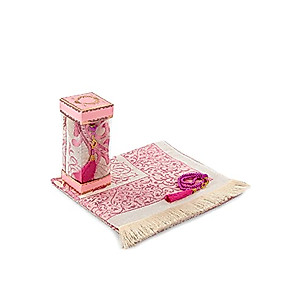 Muslim Prayer Rug and Prayer Beads with Elegant Gift Box | Janamaz | Sajadah | Soft Islamic Prayer Rug | Islamic Gifts Set | Prayer Carpet Mat, Taffeta Fabric, Pink