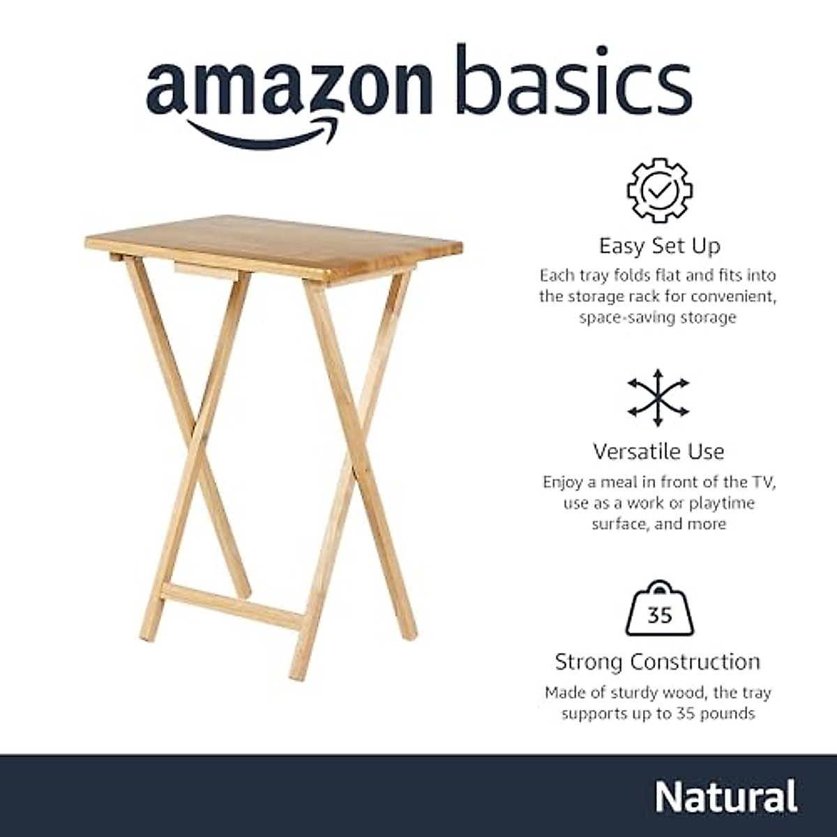 Amazon Basics Classic Portable TV Dinner Rectangular Folding Tray Table with Storage Rack, Natural - Set of 4 Trays, 15"D x 19"W x 26"H