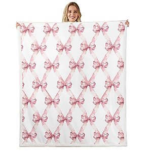 Pink Bowknot Fleece Blanket,Dreamy Princess Style Kids Girls Plush Blanket for Kids Teens,Lovely Room Decor,Watercolor Bow Geometric Grids White Flannel Blanket,Twin 60"x80"