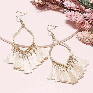 Boho Rhombus Metal Frame with Tassels Dangle Drop Earrings for Women