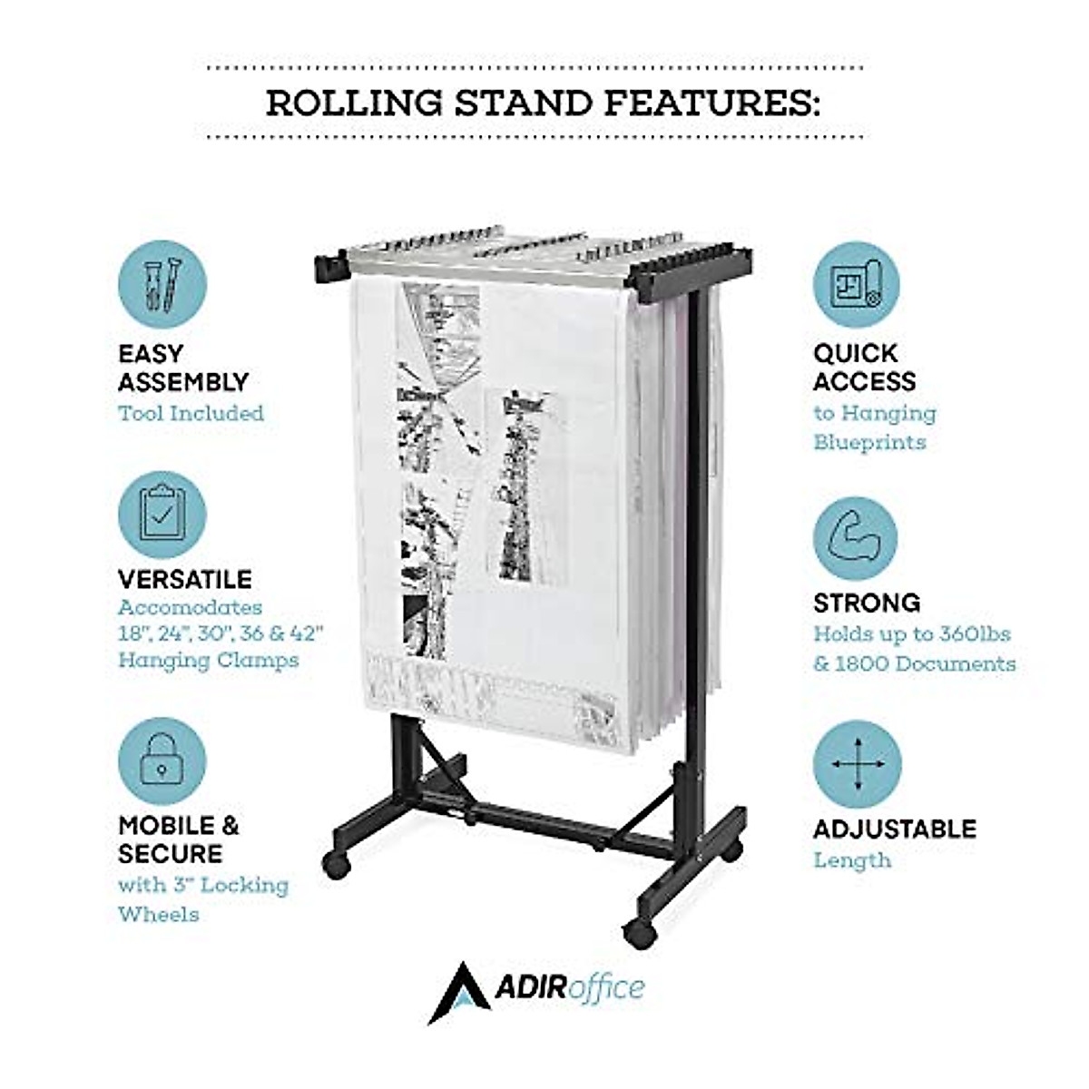 Adir Mobile Blueprint Storage - Horizontally Adjustable Vertical Poster Display Rack/Plans Holder - File Organizer Stand for Home, Office (Black)