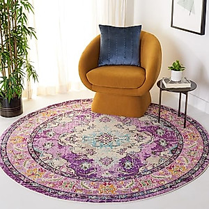 SAFAVIEH Monaco Collection Area Rug - 6'7" Round, Violet & Light Blue, Boho Chic Medallion Distressed Design, Non-Shedding & Easy Care, Ideal for High Traffic Areas in Living Room, Bedroom (MNC243L)
