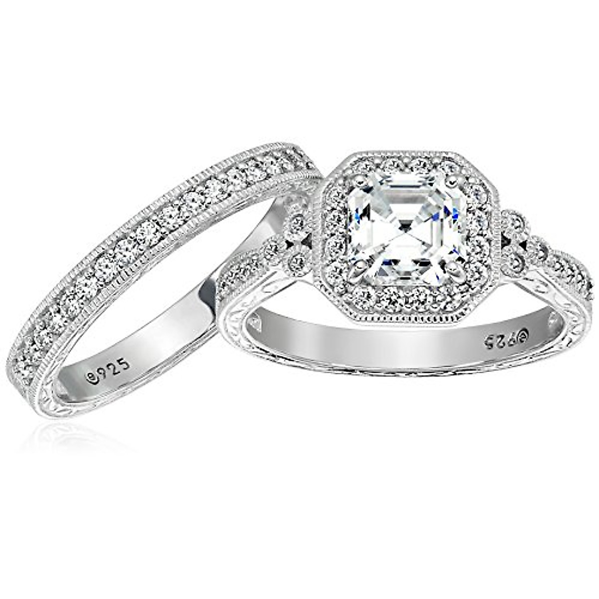 Amazon Essentials Platinum Plated Sterling Silver Infinite Elements Cubic Zirconia Asscher Antique Ring, Size 9 (previously Amazon Collection)