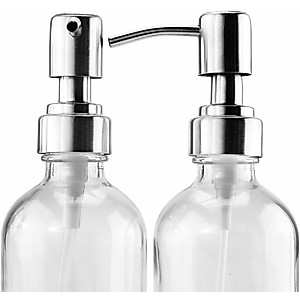Cornucopia Brands 8-Ounce Clear Glass Boston Round Bottles w/Stainless Steel Lotion Pumps (4-Pack); Empty Refillable Liquid Soap & Lotion Bottles
