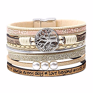 Bracelets for Women Wrap Boho Buckle Stacking Multilayer Leather Wide Layered Family Tree of Life Inspirational Bracelet Mothers Day Birthday Jewelry Gifts for Teen Teenage Year Old Girls