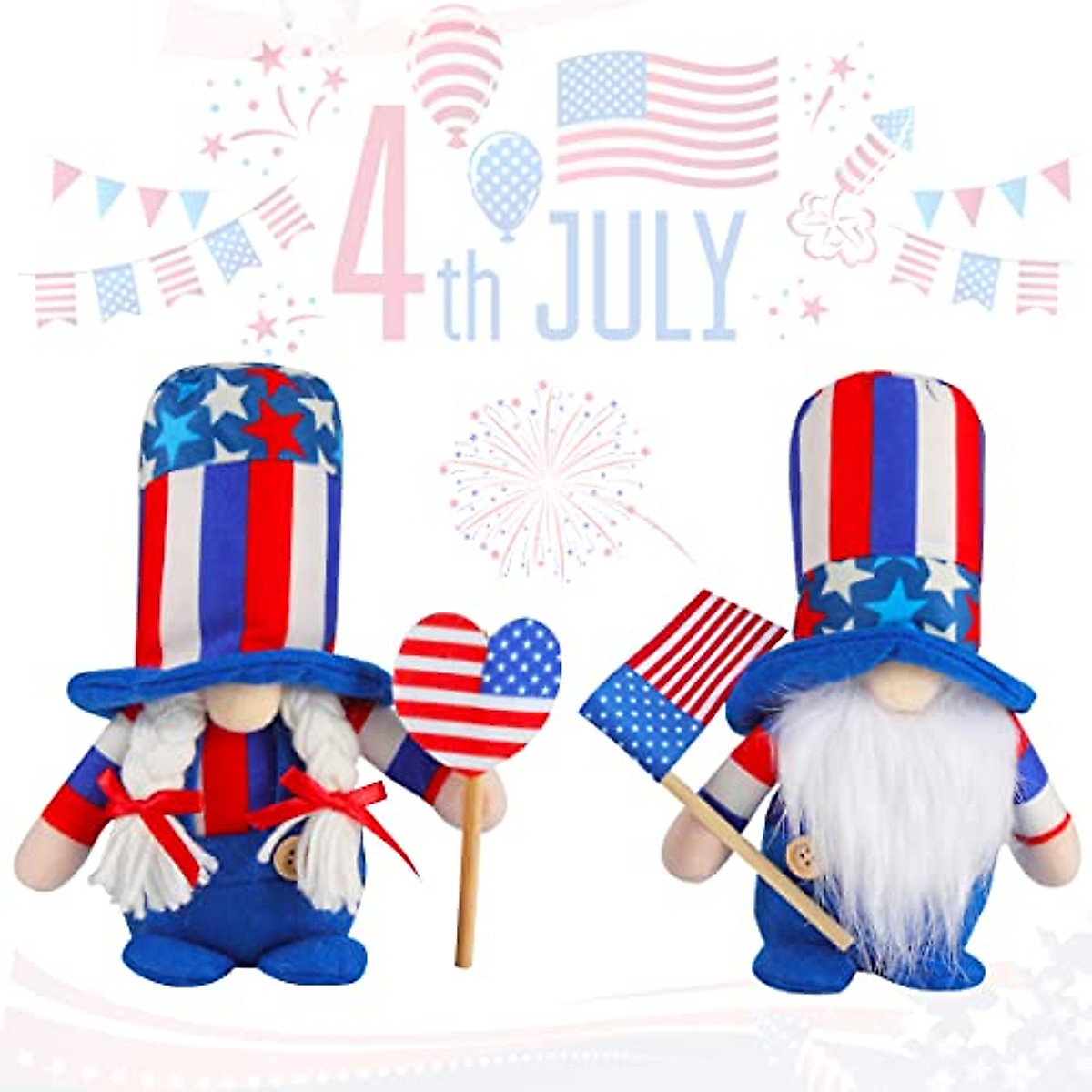 4th of July Decorations Gnomes, 2pcs Mr & Mrs. Gnomes Plush Memorial Veterans Armed Forces Day Decor, Handmade USA Gnome Tabletop Sign Ornaments Party Supplies for Fourth of July Patriotic Day