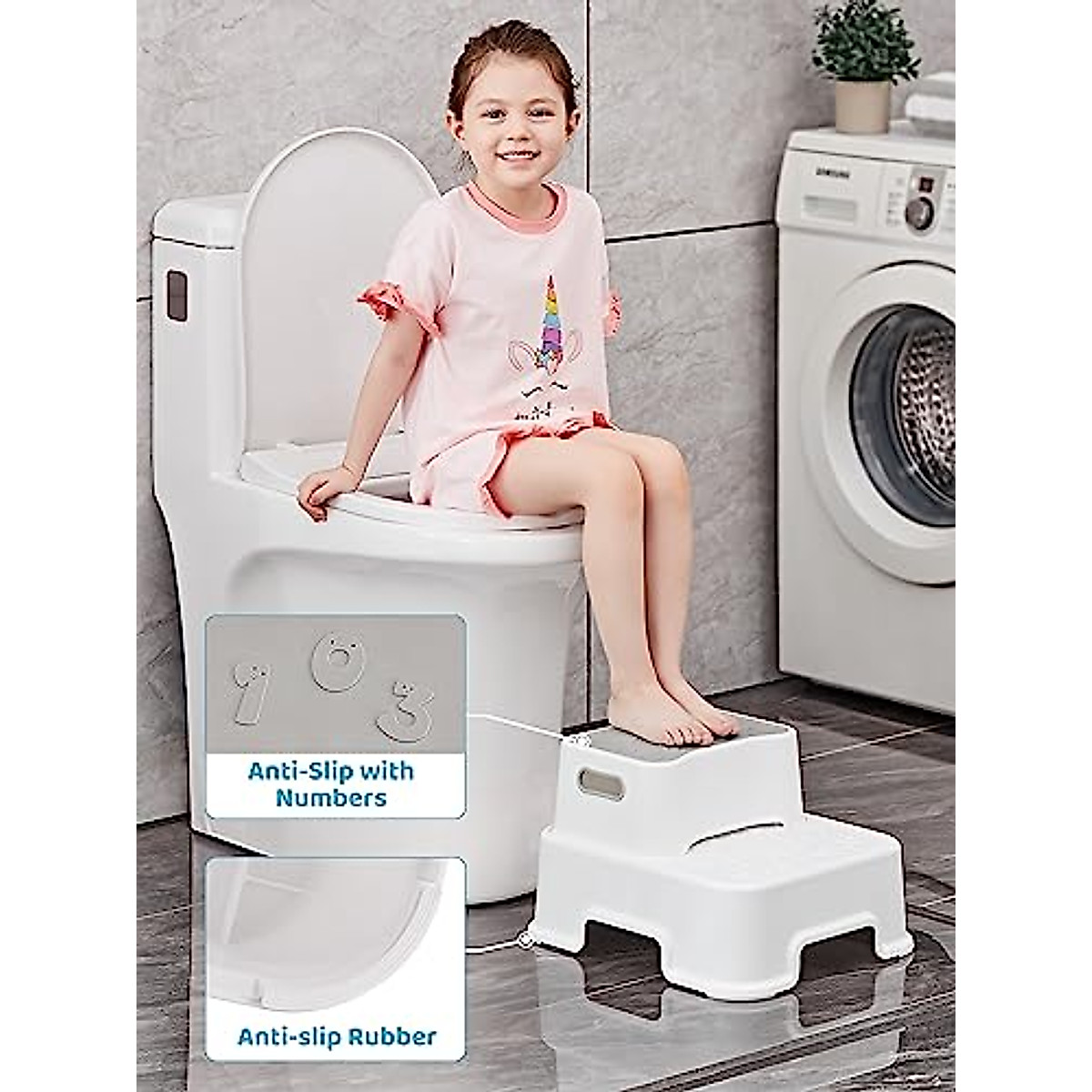 HEETA 2 Step Stool for Kids and Toddler, Anti-Slip Sturdy Step Stool for Potty Training or Kitchen Helper Stool, 2 in 1 Step Dual Height to Reach Kitchen Counter Bed or Sink, Grey & White