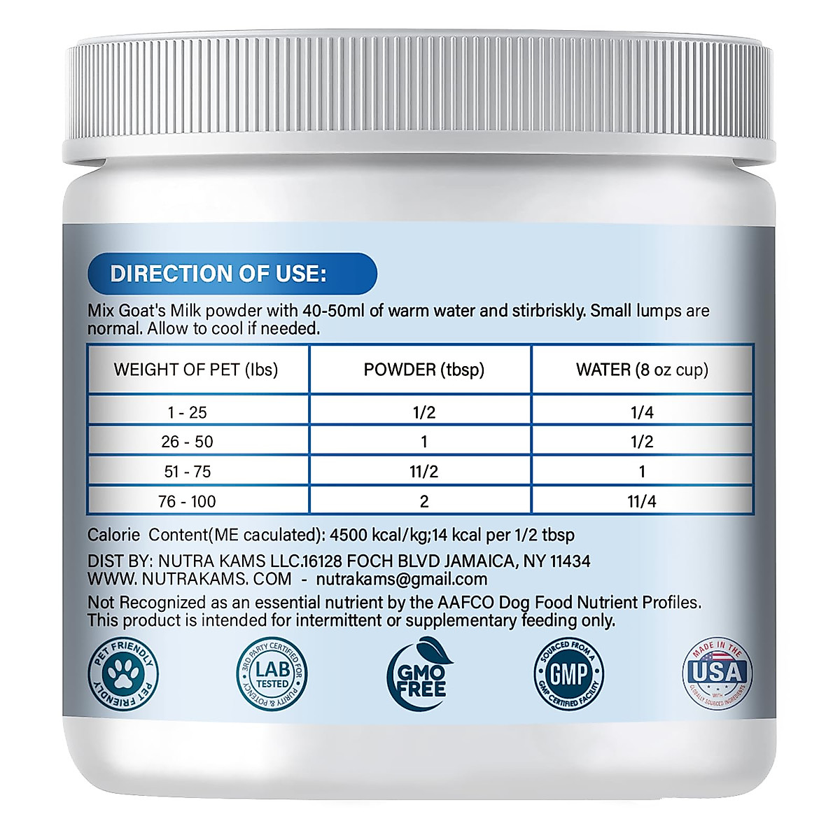 Nutra Kams Goat Milk Powder with Taurine for Puppies and Dogs Digestive Health, Strong Bones and Healthy Teeth.14. oz, 100% Natural.
