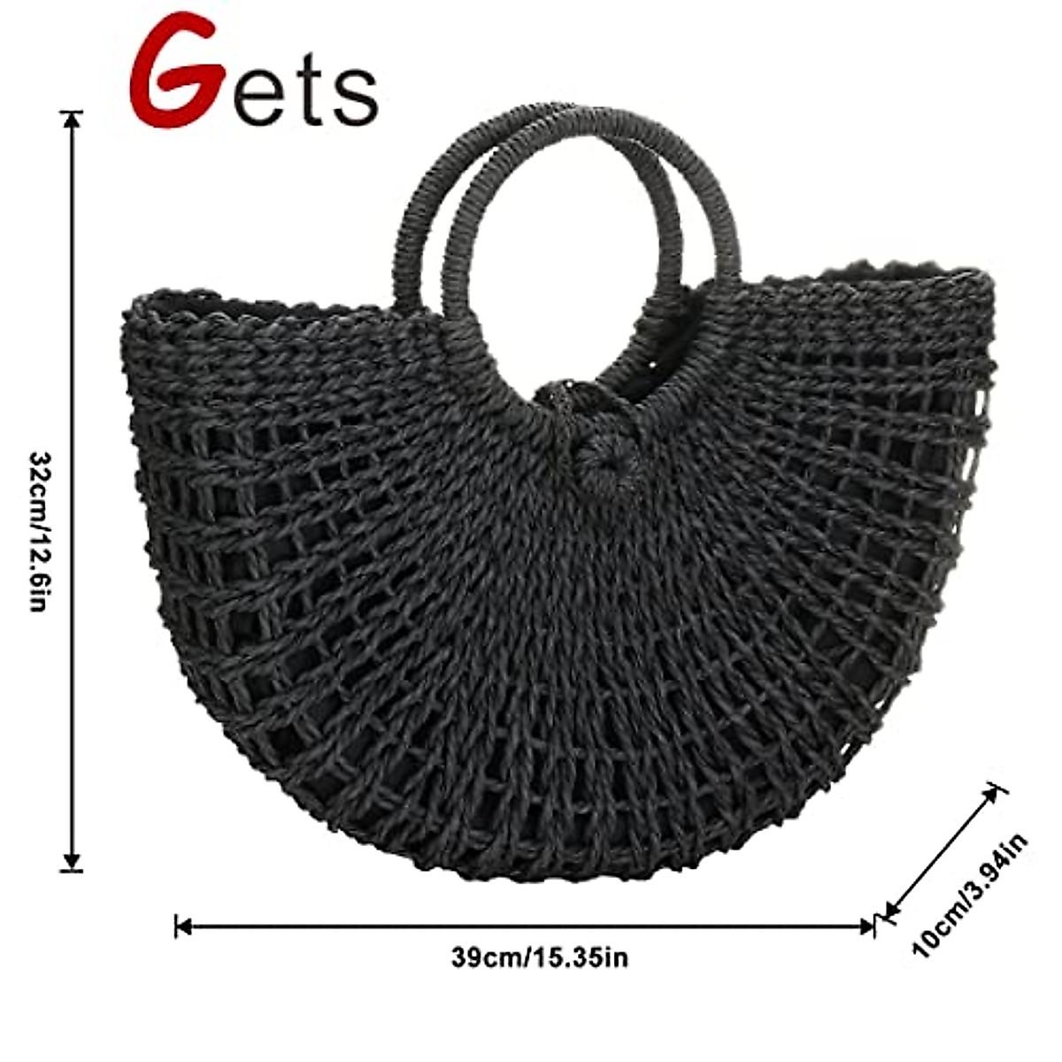 Handwoven Rattan Top-handle Bag for Women Bohemian Round Straw Tote Bag Beach Large Carrying Handbag (Black)