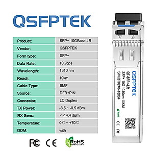 QSFPTEK 4Packs 10GBASE-LR Transceiver, 10G SFP+ Patch Module, 1310nm, 10km, DDM LC, 10Gbe Ethernet Mini-GBIC for Cisco SFP-10G-LR, Ubiquiti UF-SM-10G, Mikrotik, Netgear, Qnap NAS, D-Link