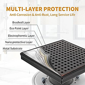 Sanycasa 6 Inch Square Shower Drain with Flange SUS 304 Stainless Steel Shower Floor Drain Removable Quadrato Pattern Grate - Watermark&CUPC Certified - Includes Hair Strainer - Oil Rubbed Bronze