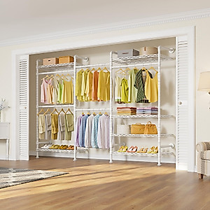 Timate F3 Garment Rack Heavy Duty Clothes Rack for Hanging Clothes, Expandable Industrial Pipe Wall Mounted Clothing Rack, Adjustable Storage Closet Wardrobe Closet Kit Walk in Closet Systems, White