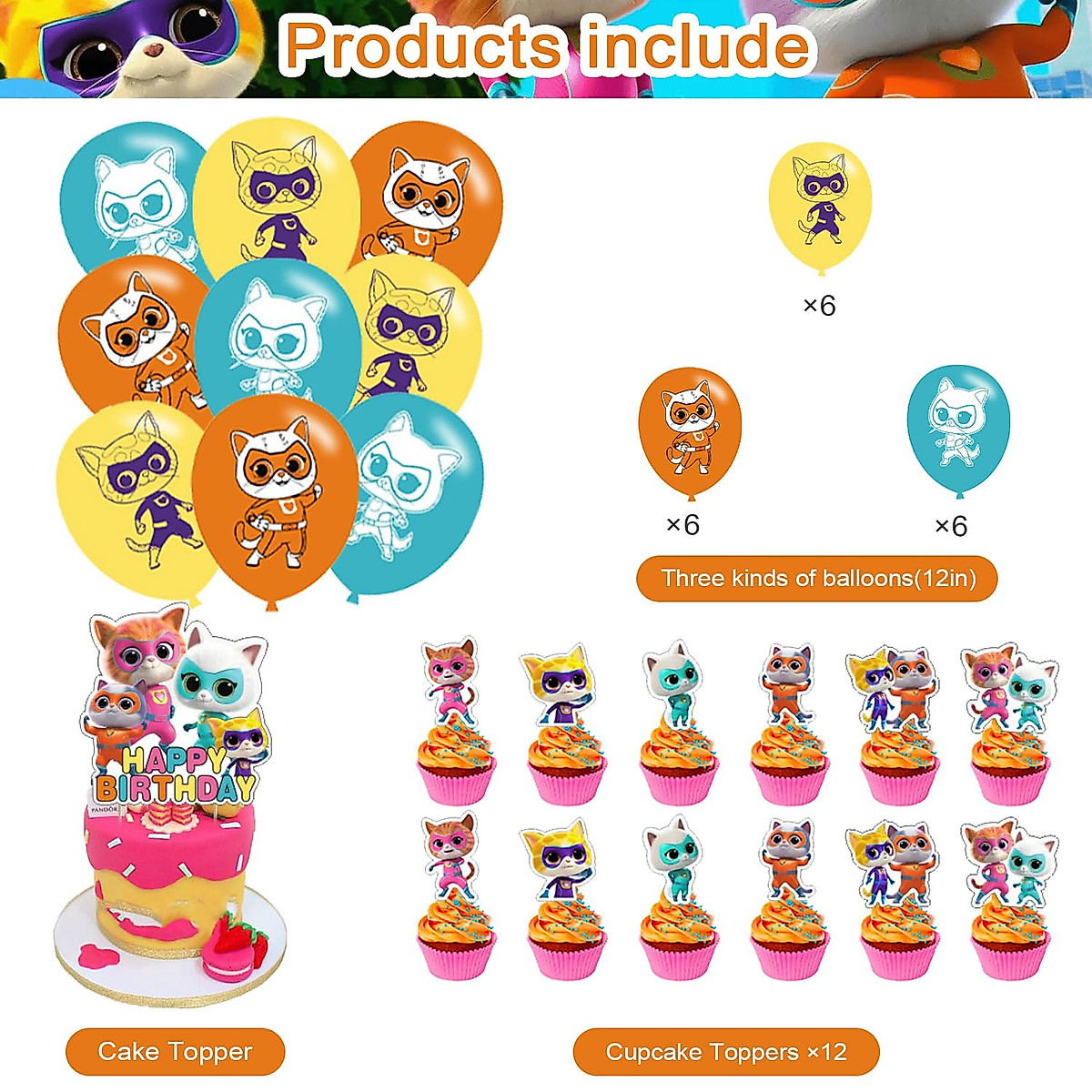 OUDINI Super Kitties birthday party supplies,Super Kitties including cake topper, cupcake toppers, Banner, Latex Balloons,It is very suitable for boy's and girl birthday party supplies., Blue