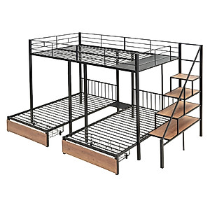 Bellemave Triple Bunk Bed with Storage Stairs, Metal Full Over Twin & Twin Bunk Beds, Detachable Bunk Bed for 3 Kids with Storage Shelf for Three Boys Girls Teens, Black