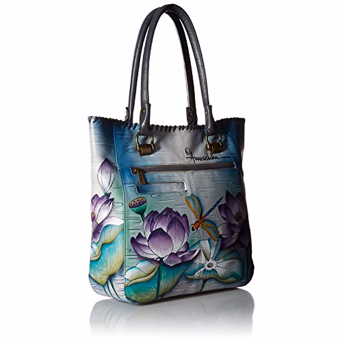 Anuschka Women’s Leather Large Tote-Hand Painted Exterior, Tranquil Pond,One Size