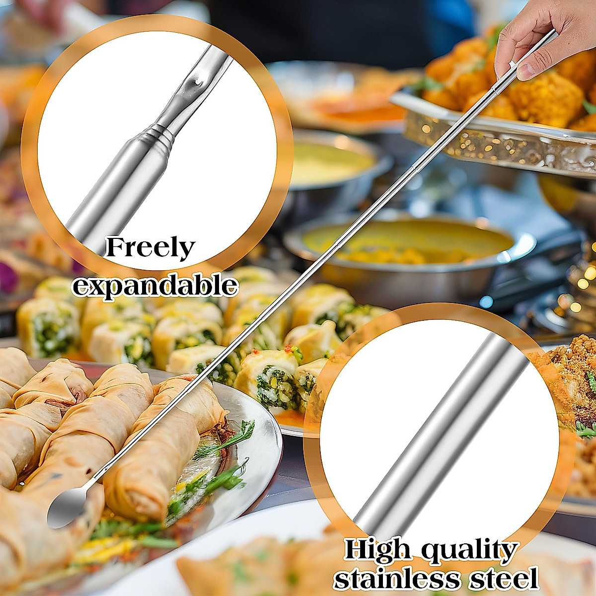 GEEHUA Extendable Fork Spoon, Telescopic Fork and Spoon Set Stainless Steel Long Fork Retractable Dining Spoons Expandable Extension Fork Spoon for BBQ Fruit Dessert Extender to 25.2"