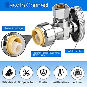 1/2/5/10/20pcs Stop Valves, 1/2" × 3/8" Angle Stop Valve, 1/2" PTC Input, 3/8" OD Compression Output, Push to Connect, 1/4 Turn, Chrome Plated Brass for Faucet, Toilet Valves, No Lead (2pcs Angle)