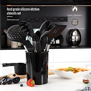 QMVESS Silicone Kitchen Utensil Set, 28 Pcs Non-Stick Cooking Utensils Set with Holder, Tongs, Spatula, Whisk, Measuring Cups and Spoons Set with Stainless Steel Handle Kitchen Gadgets (Black)