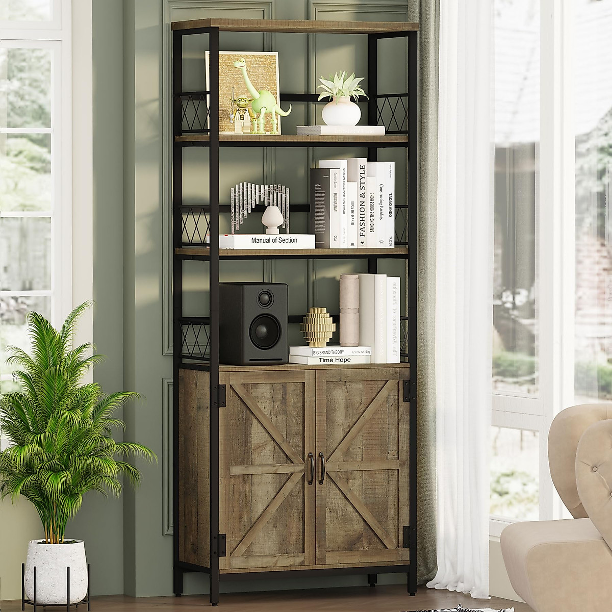 Aubtik Farmhouse Bookcase with Doors, Rustic Tall Book Shelf with Cabinet, Industrial Wood Metal Bookshelf with Storage for Home Office, Living Room, Classroom (Rustic Oak)