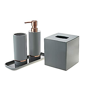 Bathroom Accessories - Set of 4 Includes Decorative Soap Lotion Dispenser, Tumbler, Tissue Box, Tray for Modern Farmhouse Bath Decor Kitchen Countertop Organizer Housewarming Gift - Grey
