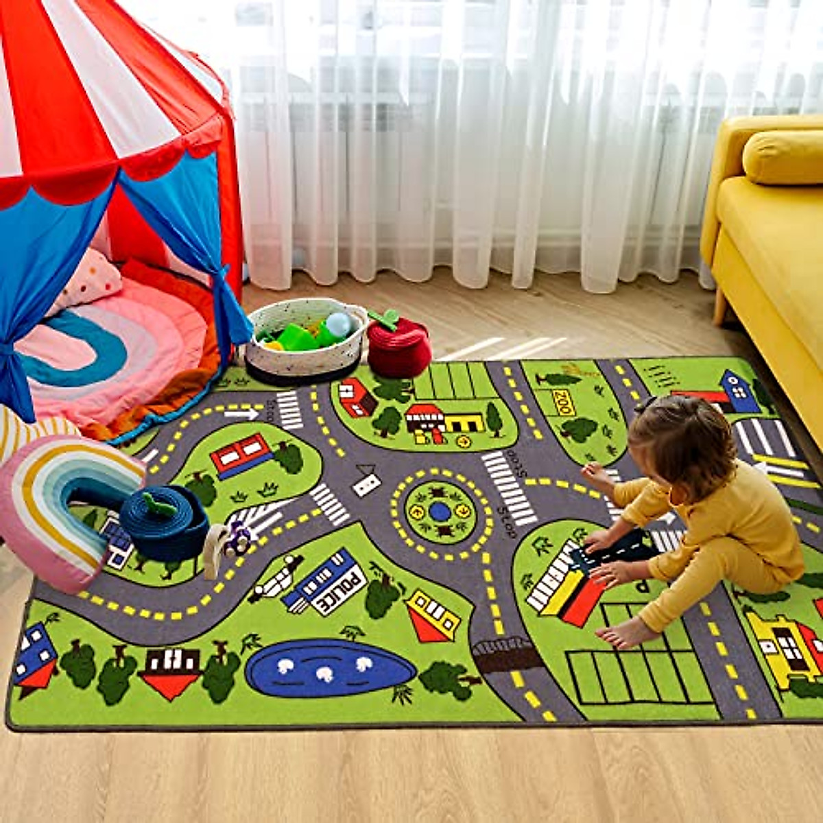 X-Large Kids Carpet Play Mat Rug for Playroom, 48'' x 72'’ City Life with Road Traffic Car Rug Mat, Learning and Educational Play Rugs Great for Kids Bedroom Play Room Boy Room Decor