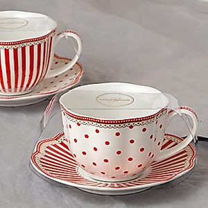 Grace Teaware Red Dot Stripes Scallop 9-Ounce Porcelain Tea/Coffee Cup and Saucer, Set of 2 (G1960264RD-2)