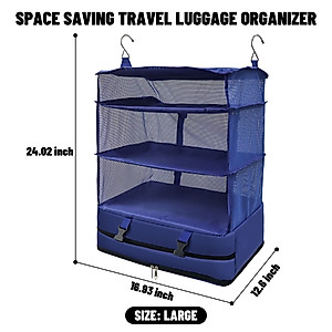 Caroeas Portable Hanging Travel Shelves Bag Suitcase Organizer Carry-on Closet Packing Cubes for Travel, 4-Shelf Suitcase Closet with 2 Hooks, X-Large Capacity, Blue