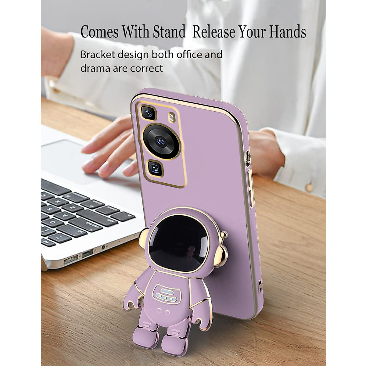 Compatible with Huawei P60 Pro Case for Women Men, Ultra Soft Huawei P60 Pro Phone Case with Stand Silicone TPU Plating Cute Astronaut Pattern Cases Cover (Purple)