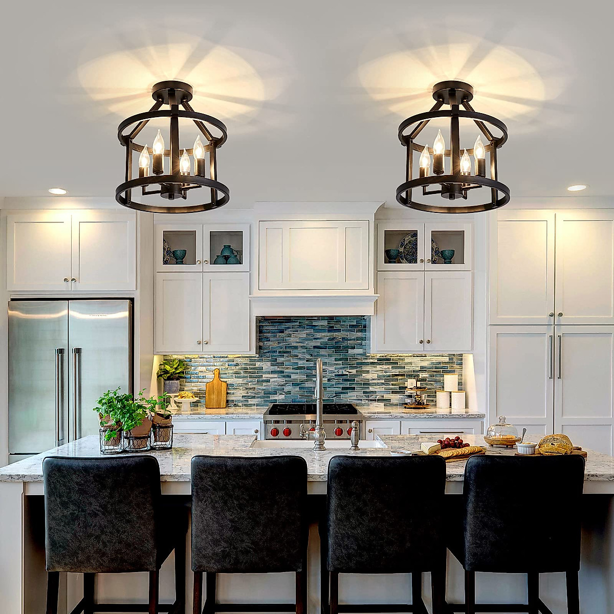 UOFUS 2-Pack Semi Flush Mount Ceiling Light Fixture Farmhouse Matte Chandelier Ceiling Lamp for Entryway Foyer Dining Room Bedroom Kitchen Hallway （Black Metal ）