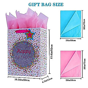 Elephant-package 2Pcs 12.6" Large Dots Birthday Gift Bags with Tissue Papers for Kids, Boys, Girls, Party Favor, Baby Shower