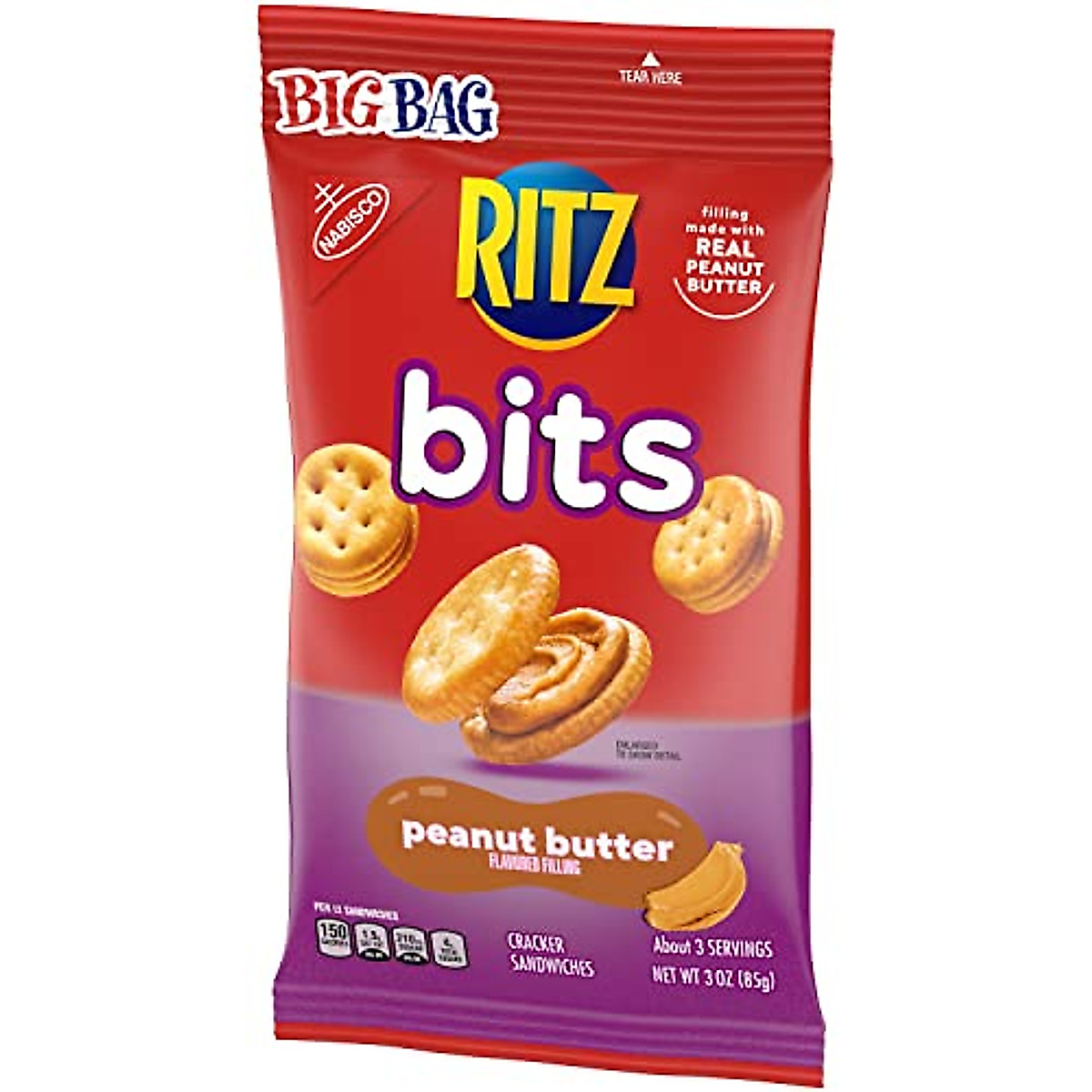 RITZ Bits Peanut Butter Cracker Sandwiches, Big Bag, 3 Ounce (Pack of 12)