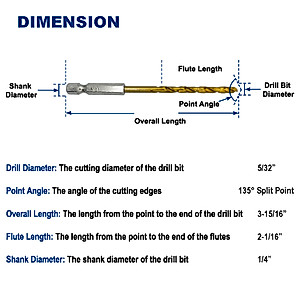Pack of 6, 5/32-Inch Titanium Nitride Coated Drill Bit, Hex Shank, Premium M2 High Speed Steel, for Metal, Plastic, Wood