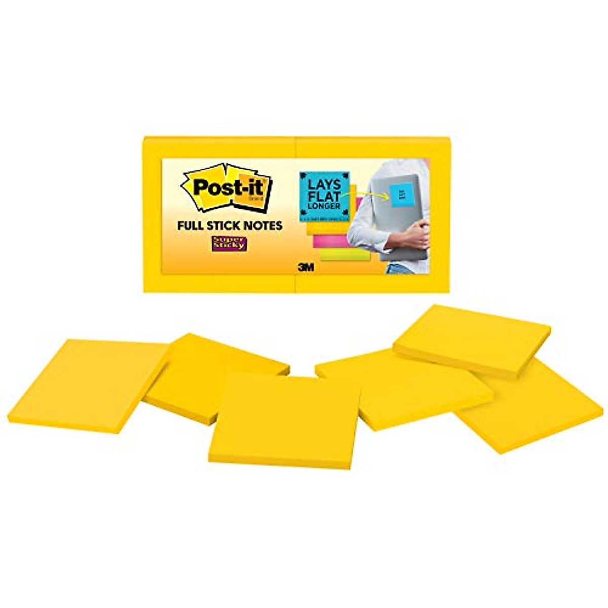 Post-it Super Sticky Full Stick Notes, 3x3 in, 12 Pads, 2x the Sticking Power, Electric Yellow, Recyclable (F330-12SSY)