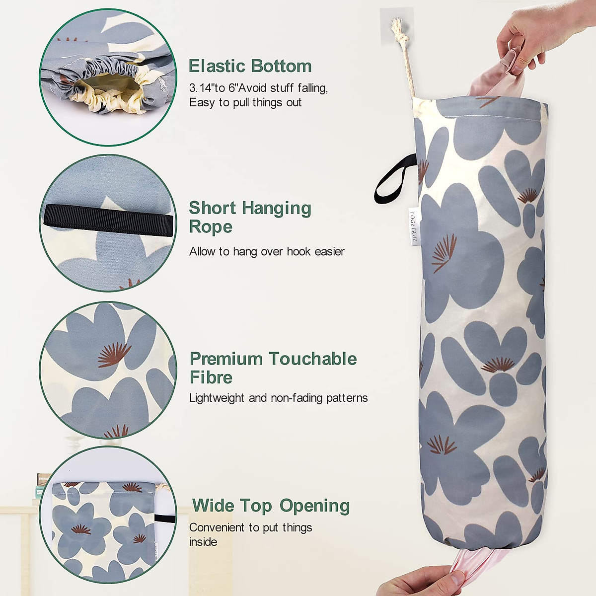 TOGETRUE Plastic Bag Holder, Lightweight Grocery Bag Holder for Plastic Bags, Wall Mount Floral Plastic Bag Storage Organizer, Reusable Shopping Bag Holder Dispenser for Kitchen Pantry (Light Grey)