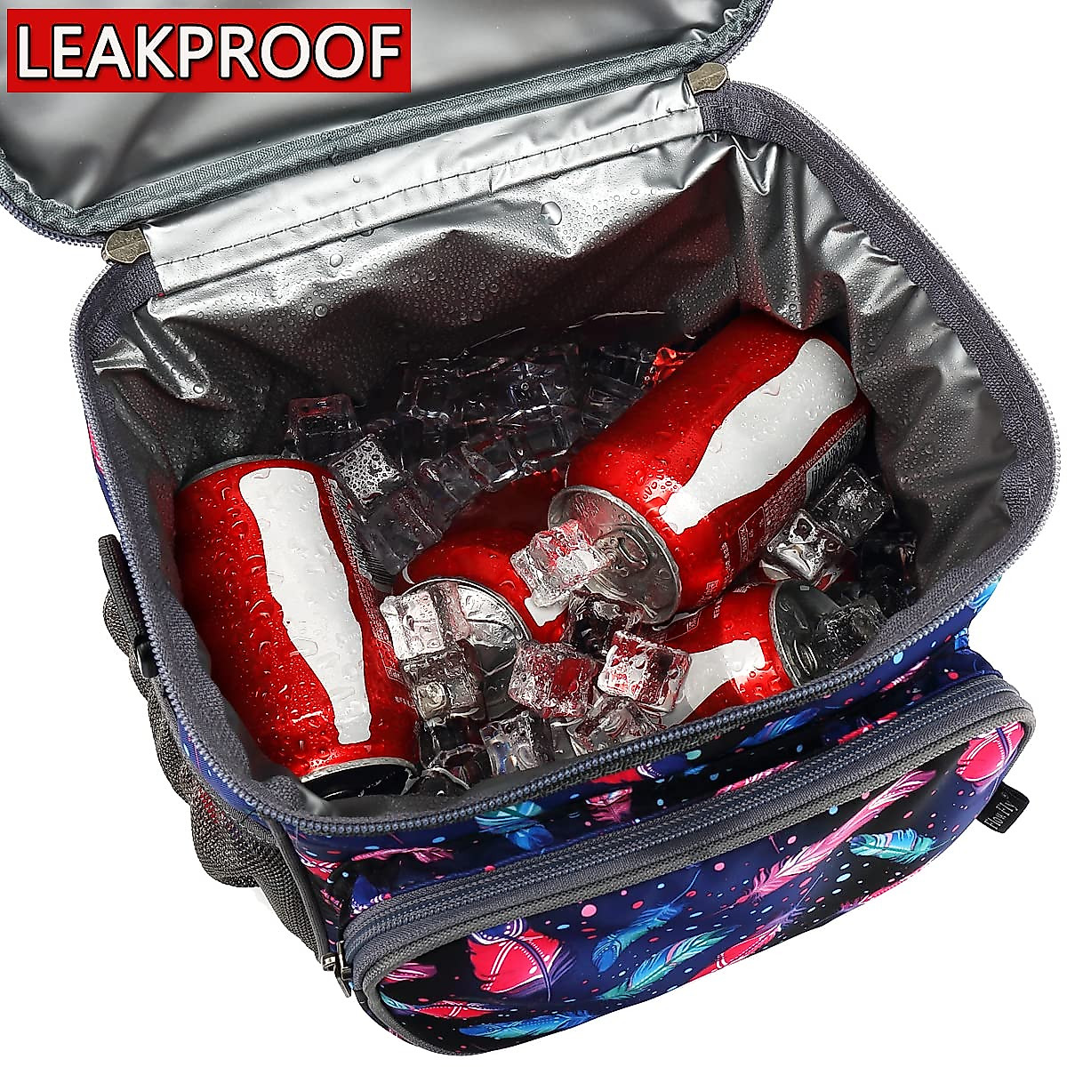 FlowFly Insulated Reusable Lunch Bag Adult Large Lunch Box for Women and Men with Adjustable Shoulder Strap,Front Zipper Pocket and Dual Large Mesh Side Pockets,Feather