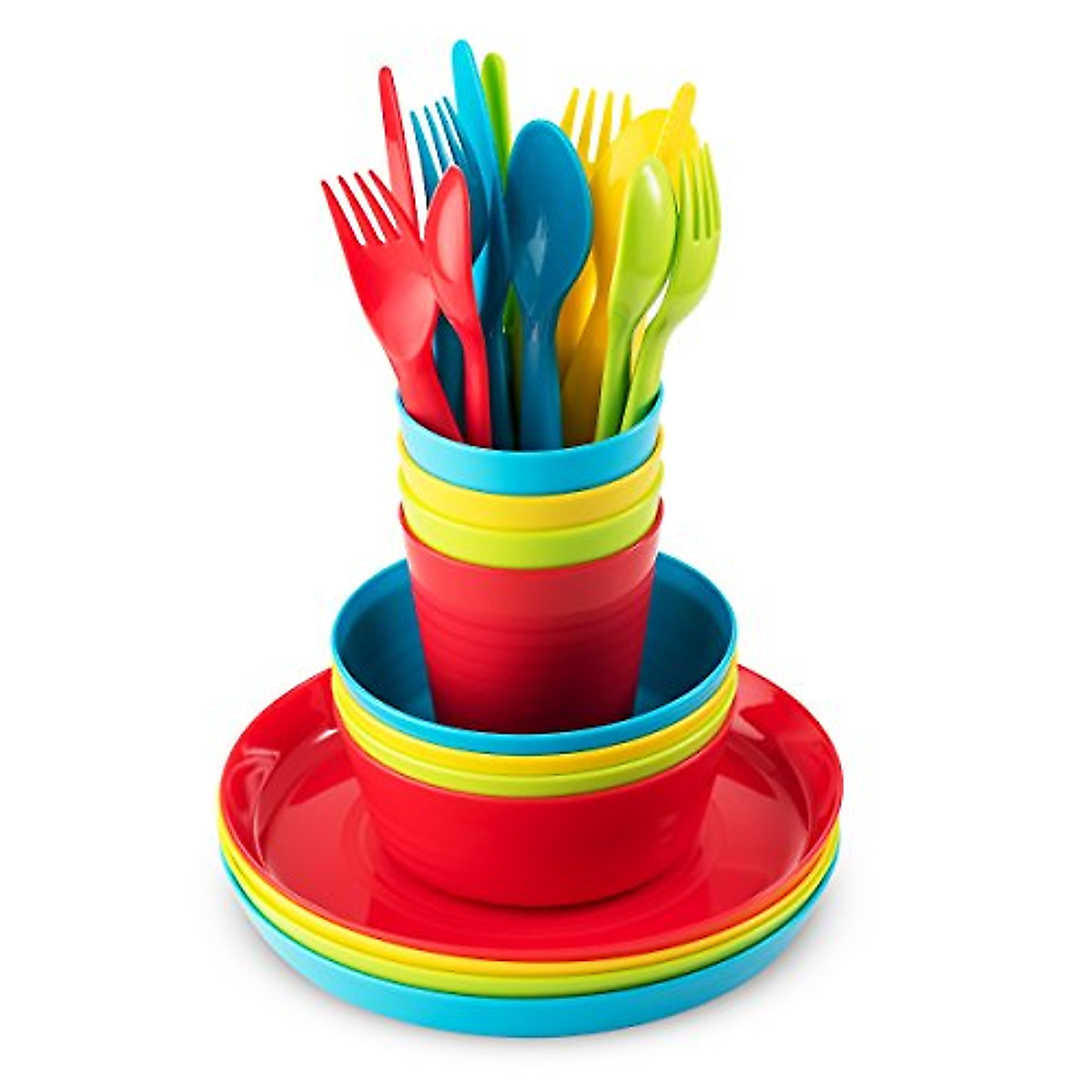 Plaskidy Kids Dinnerware Set for 4-24 Piece Plastic Childrens Dishes Dinnerware Sets Microwave/Dishwasher Safe BPA Free - Toddler Dinner Set Includes Kids Plates and Bowls Kids Cups Flatware Set