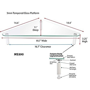 Kantek Corner Desk Glass Computer Monitor Stand Riser, 5mm Tempered Glass Platform, Holds Up to 40 Lbs, Keyboard Storage, 19.7" X 11" X 3.25", Clear