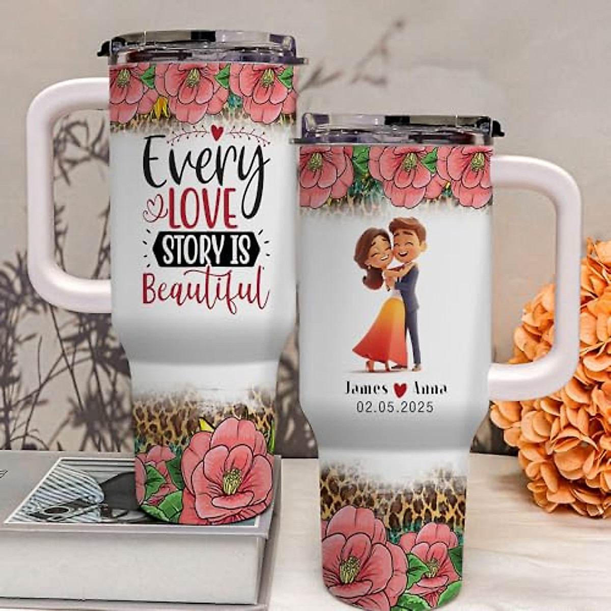 Personalized 40oz Tumbler with Handle – wedding morning text-Custom Couple Gift for Anniversary Wedding Gift, Birthday, Mother's Day, Valentine’s Day epcHFi