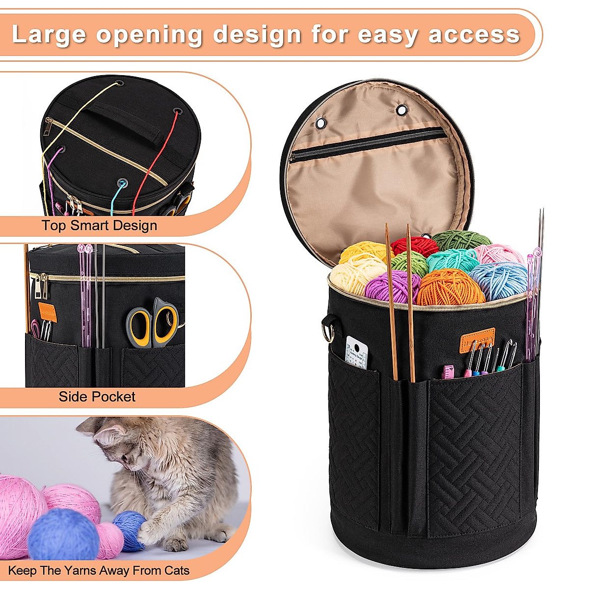 Mecozone Crochet Bag, Yarn Bag Storage Organizer for Crochet Accessories, Knitting Bag for Womens Girls Crocheting On The Go, Crochet Gifts For Crocheters, Black