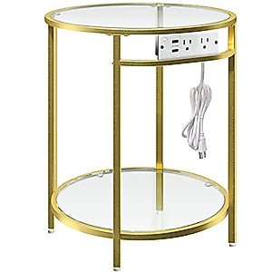 Rolanstar End Table with Charging Station, Round Side Table with Double Glass Shelves & Metal Frame, Small Coffee Accent Table, Modern Nightstand Bedside Table for Living Room, Bedroom, Gold