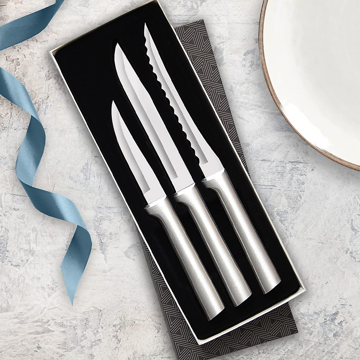 RADA Cooking Essentials Knife Starter Gift 3 Piece Silver Handled Set With Knife Sharpener