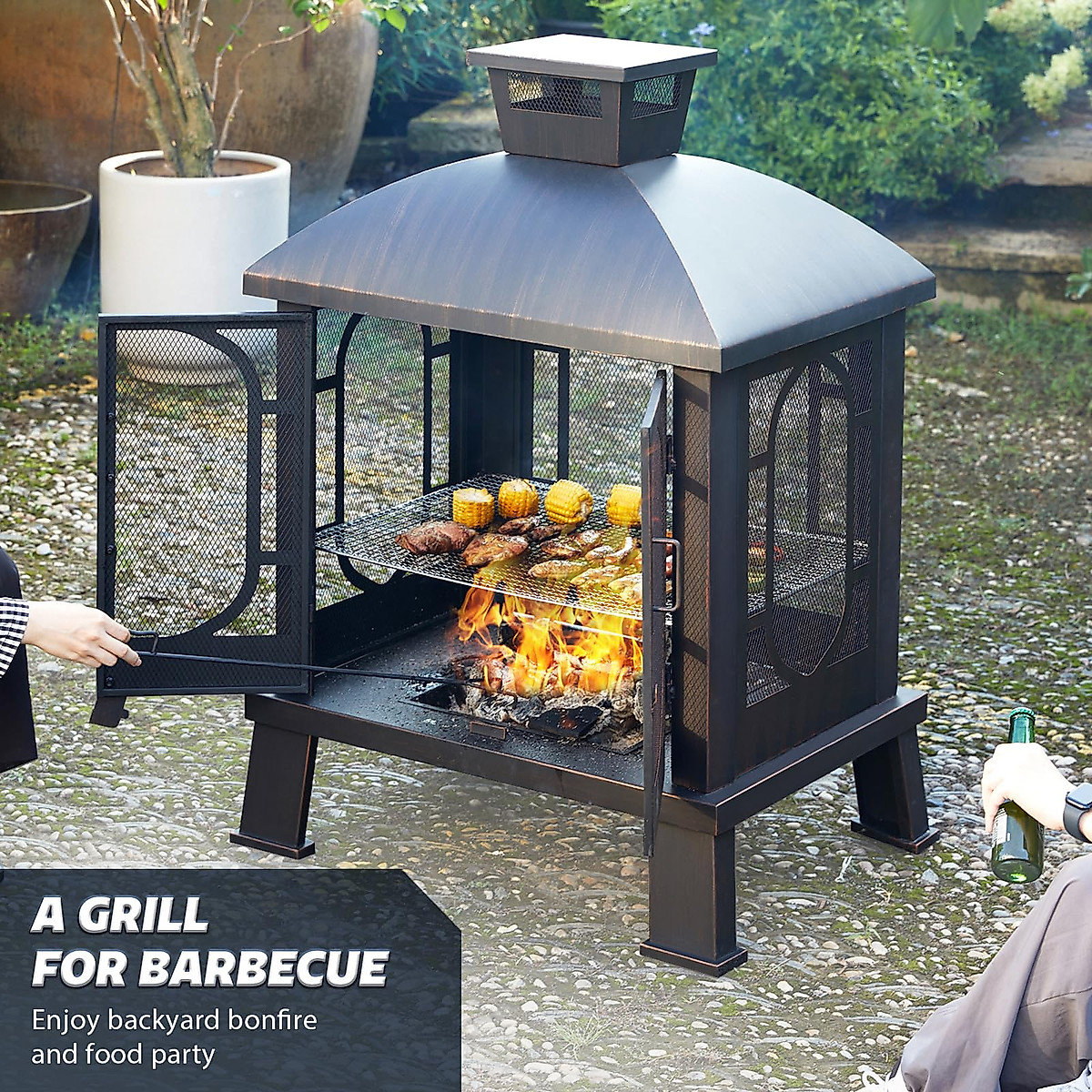 PAPABABE 45" Fire Pit Pagoda, Wood Burning Chimney Firepit with Grill Grate Outside for Garden Backyard BBQ Bonfire