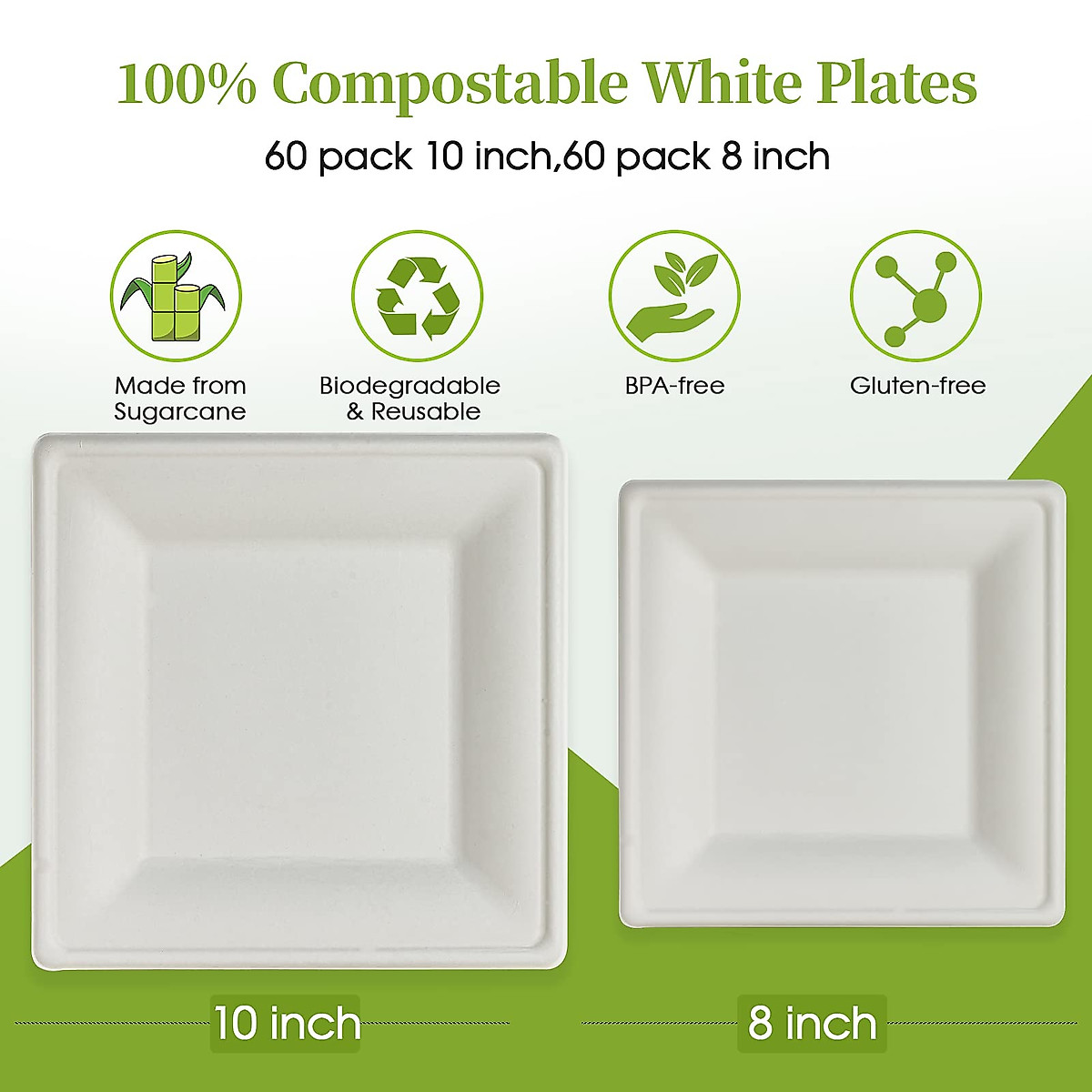 ECOLipak 120 Pack Compostable Paper Plates, 10 inch and 8 inch Heavy Duty Disposable Square Plates, Eco friendly Sugarcane Biodegradable Plates for Party Dinner Birthday