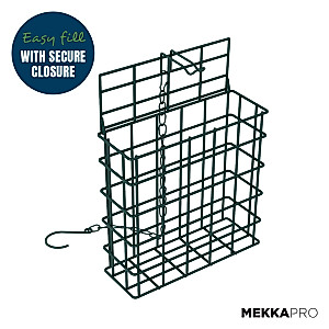 MEKKAPRO Suet Feeder with Hanging Metal Roof, One Suet Capacity, Suet Bird Feeder for Outside Hanging Water Resistant, Hanging Bird Feeder - Wild Bird Feeder Easy to Use Suet Cage (Single)