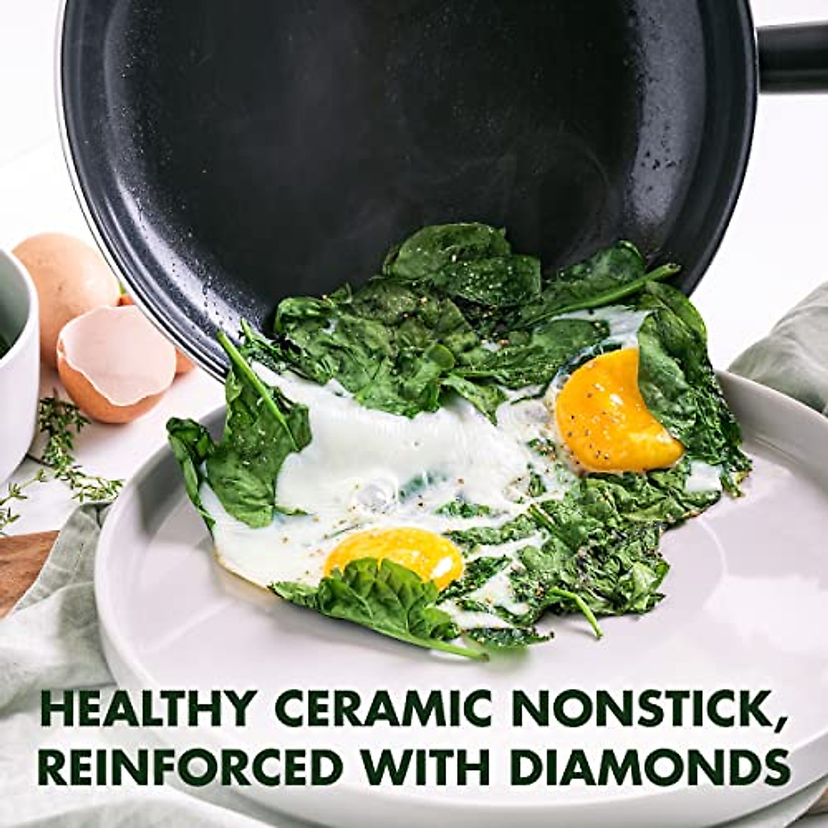 GreenPan Hudson Healthy Ceramic Nonstick, 11" Frying Pan Skillet with Lid, Vintage Wood Inspired Handle, PFAS-Free, Dishwasher Safe, Black