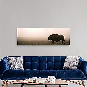 A Bison in Mist - Panoramic Canvas Wall Art Print, Wyoming Artwork